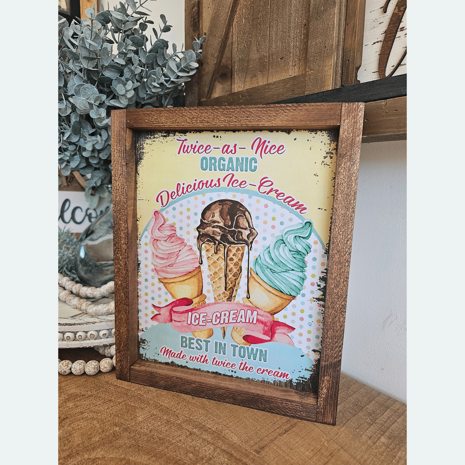 Cadre sign farmhouse Delicious Ice Cream – Déco vintage rustique
