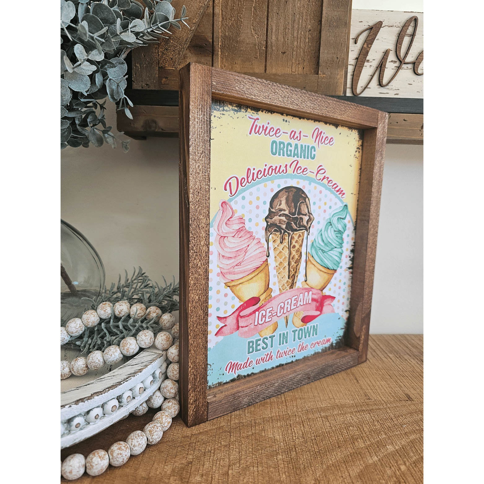 Cadre sign farmhouse Delicious Ice Cream – Déco vintage rustique