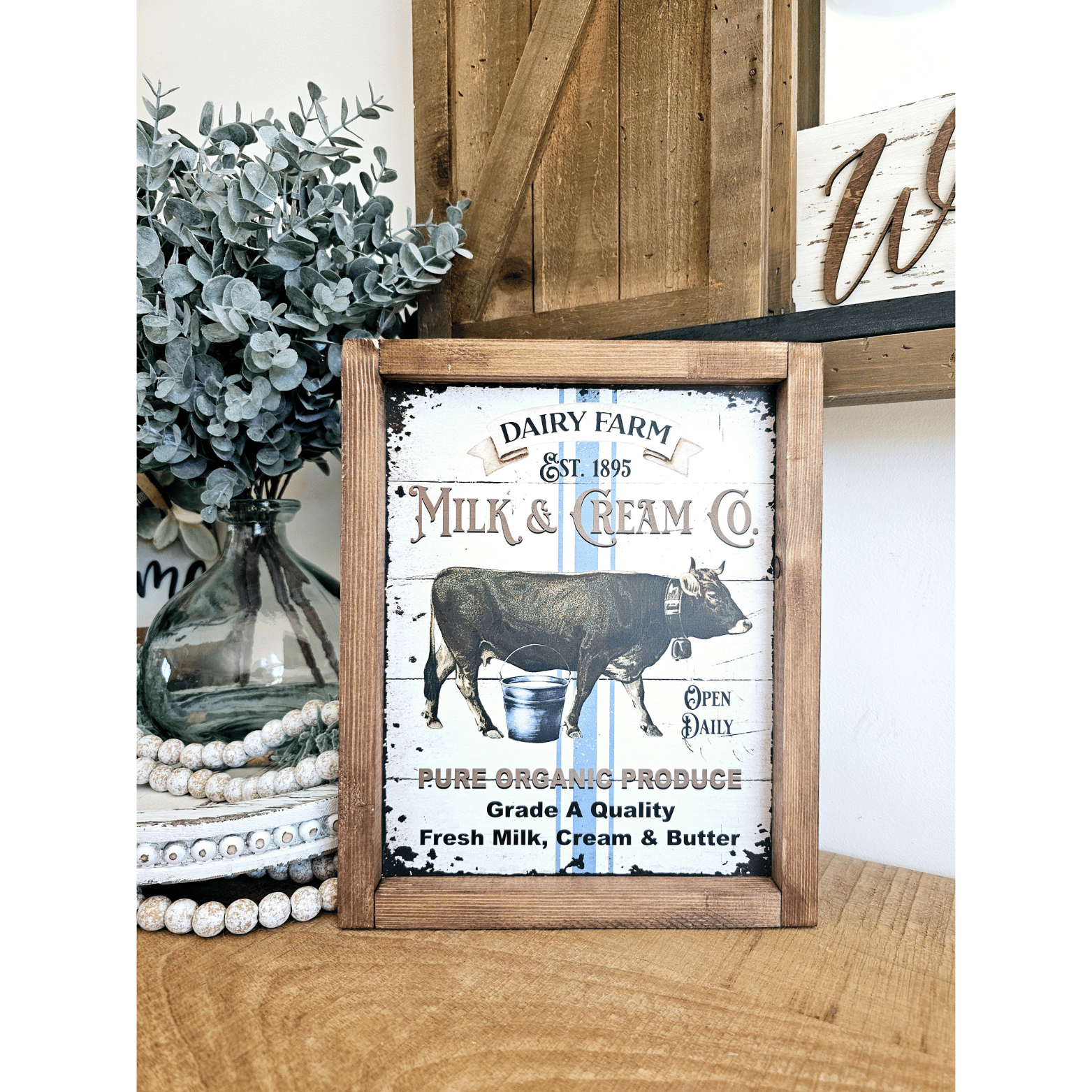 Cadre Sign Farmhouse Milk & Cream Co – Déco Vintage Rustique
