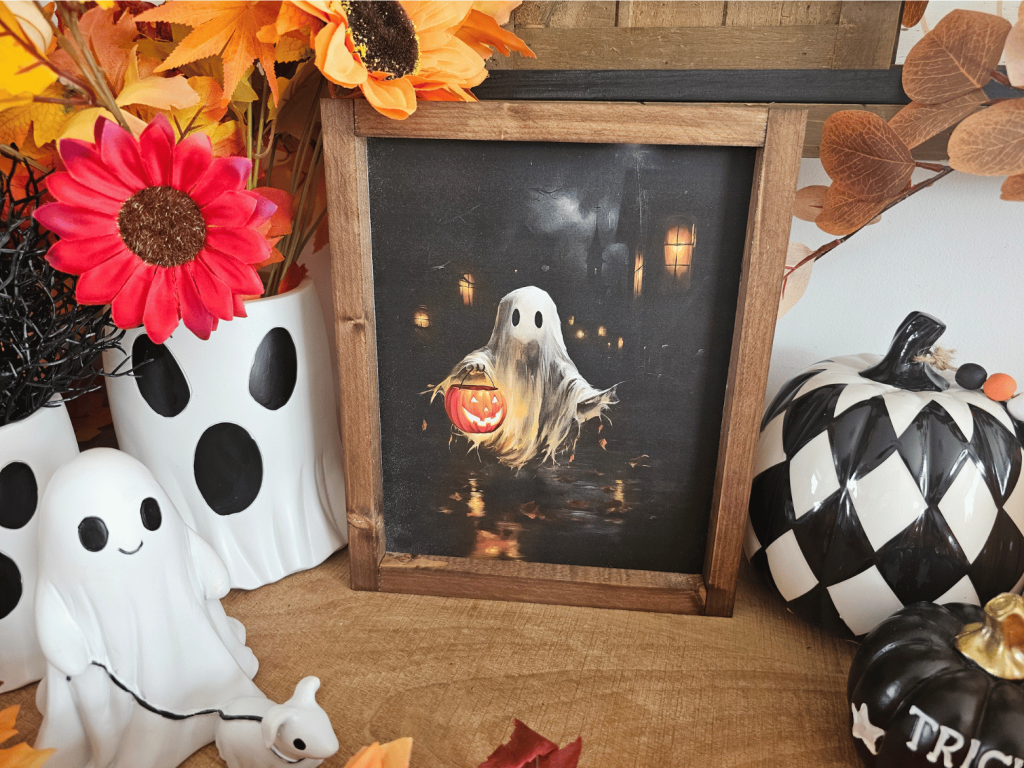 Cadre sign farmhouse Ghost – Fantôme & Citrouille style rustique